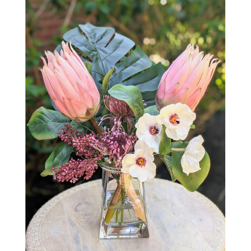 Primrue Silk Protea Arrangement in Vase | Wayfair